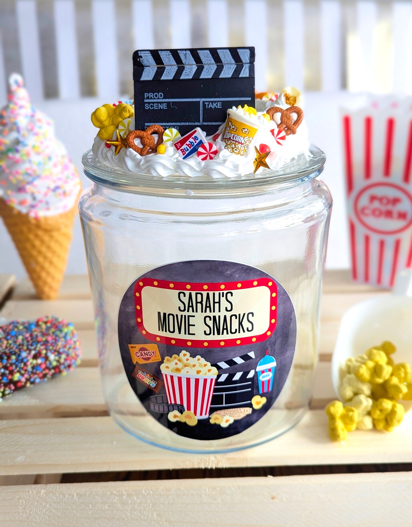 Custom Movie Night Themed Home Decor Popcorn Glass Candy Jar with Lid ...