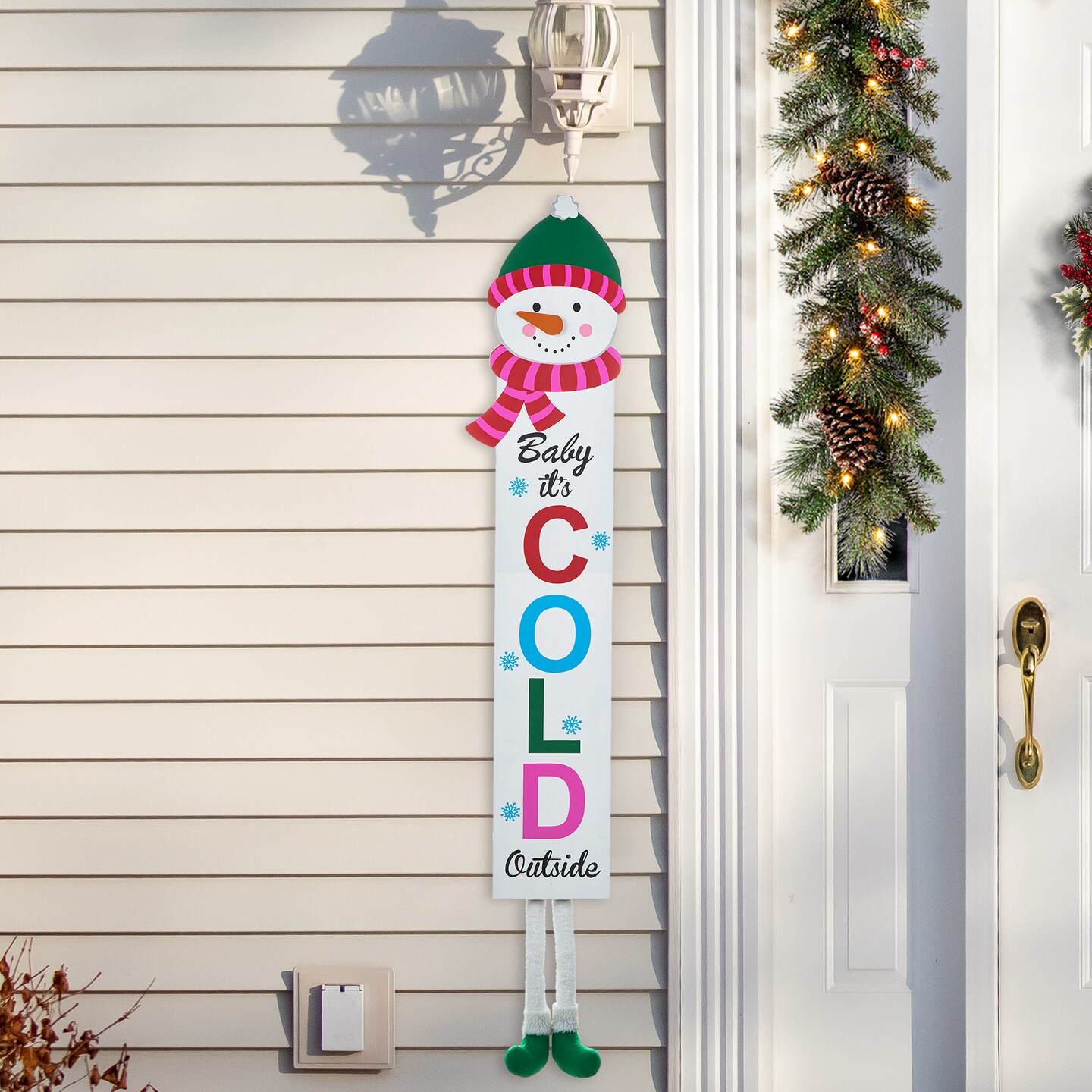 54"H Christmas Wooden Santa/Snowman Porch Sign with Fabric Dangling ...