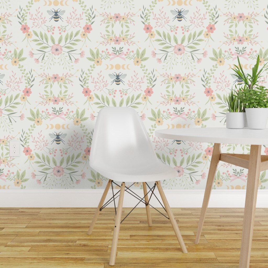 Pre-Pasted Wallpaper 2FT Wide Cottagecore Bees Floral Garden Wreath ...