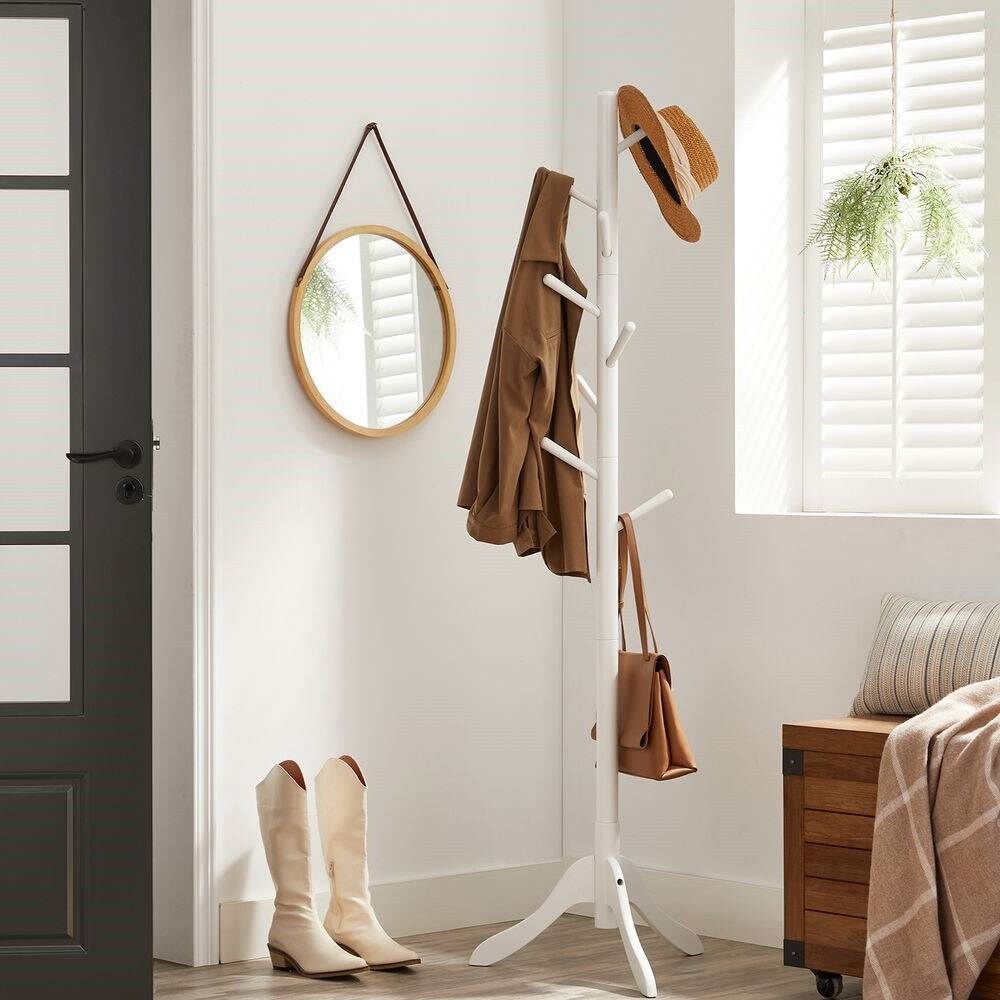 68.9” Tall Space Saving Solid Wood Coat Rack with 8 Hooks and ...