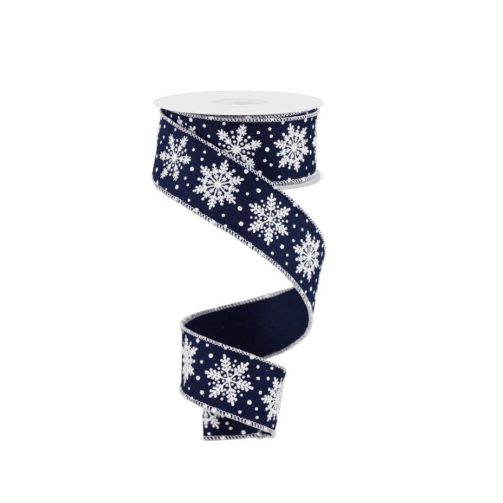 Navy Snowflake Christmas Ribbon | 1.5"x10yd Wired Holiday Craft Ribbon ...