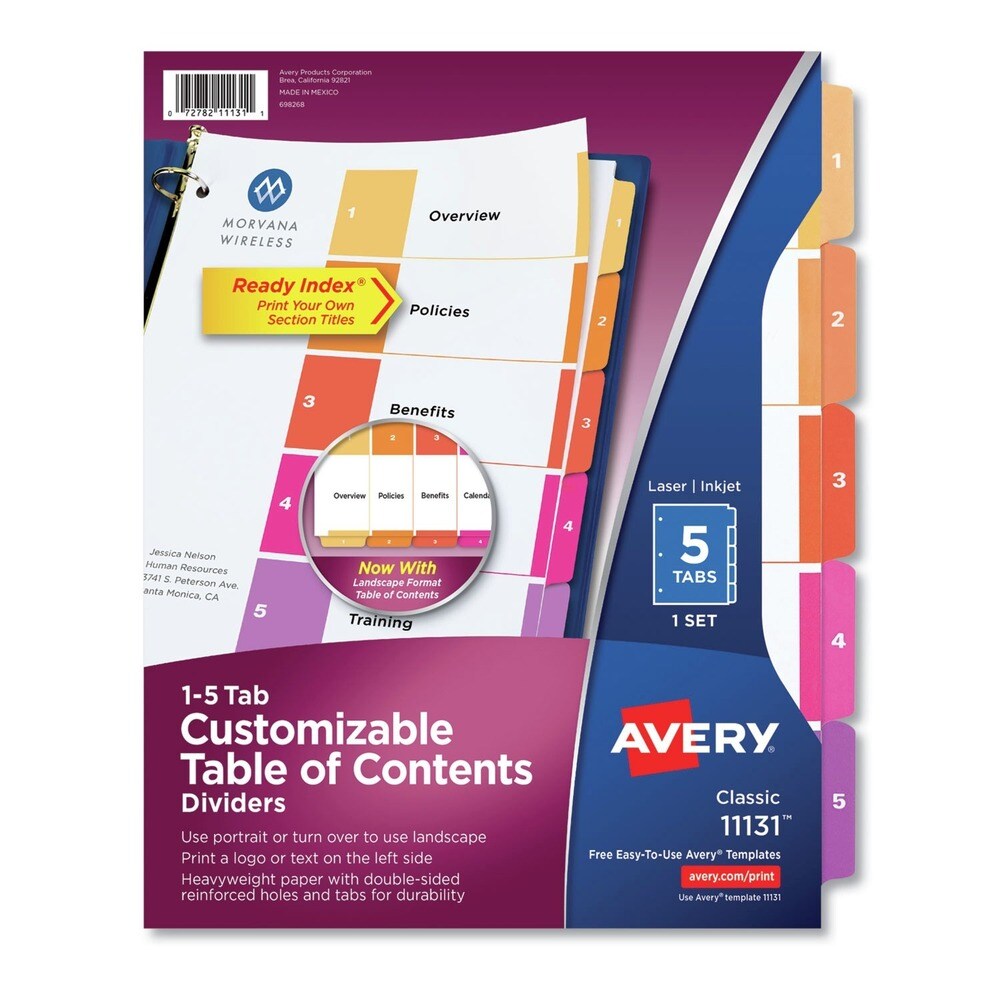 Avery Ready Index 11 in. x 8.5 in. 5-Tab 1 to 5 Customizable TOC ...