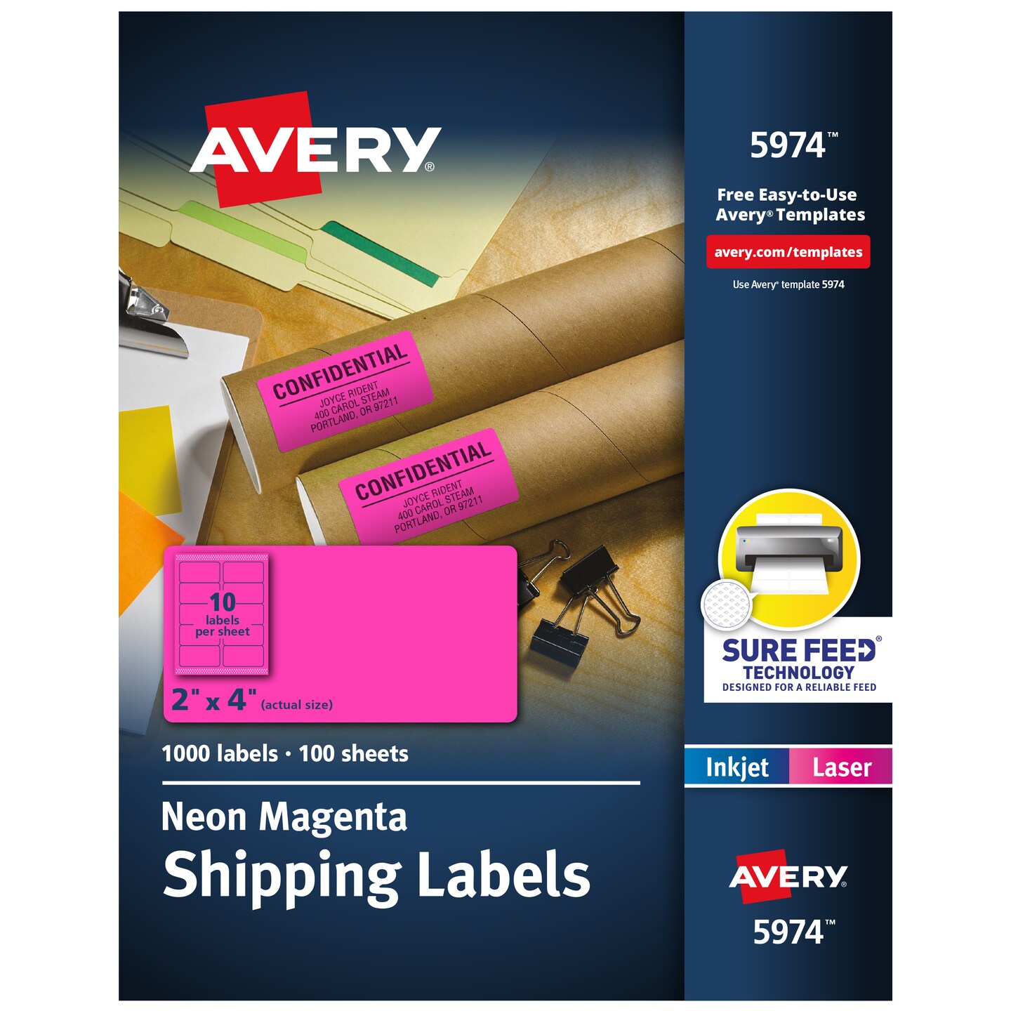 Avery Printable Shipping Labels with Sure Feed, 2" x 4", Neon Magenta ...