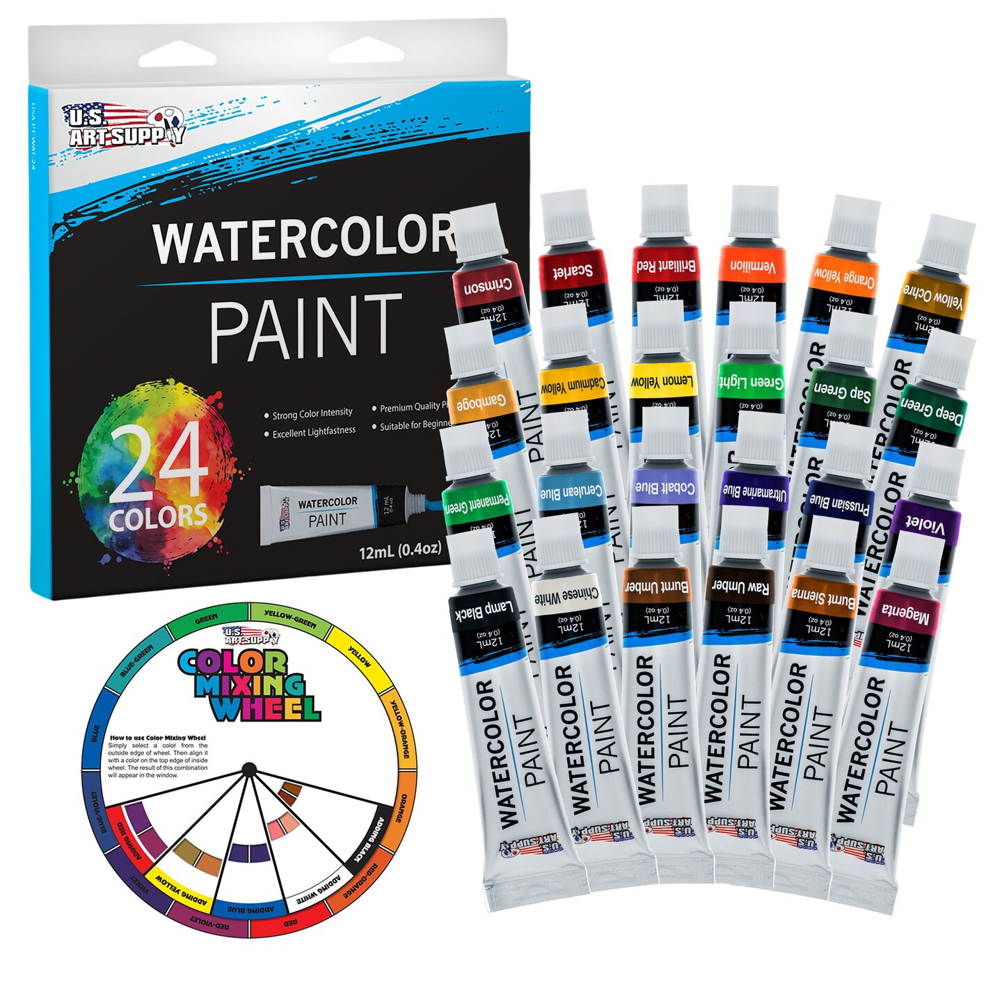 Professional 24 Color Set of Watercolor Paint in 12ml Tubes - Vivid ...