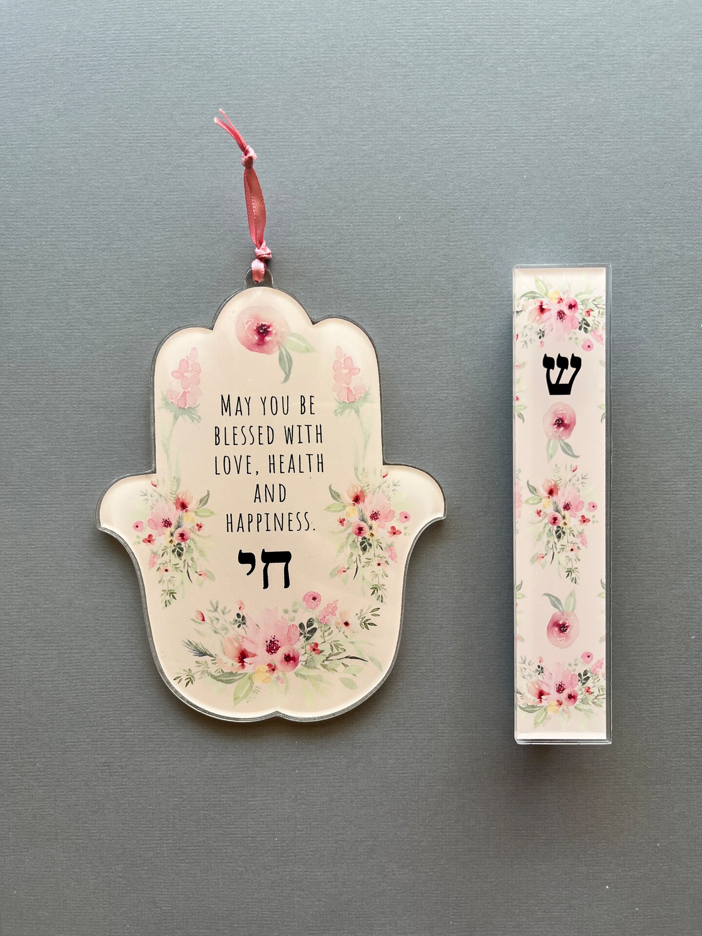 Hamsa and Mezuzah, Pink Flowers Design, Jewish Gift for Baby Naming ...