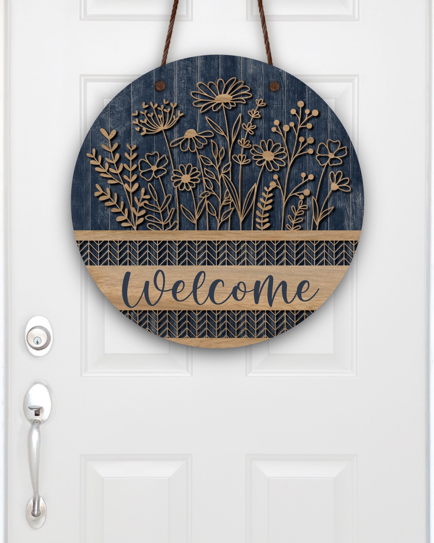 Welcome Front Door Sign, Round Faux Wood Door Hanger, 12” round, Front ...