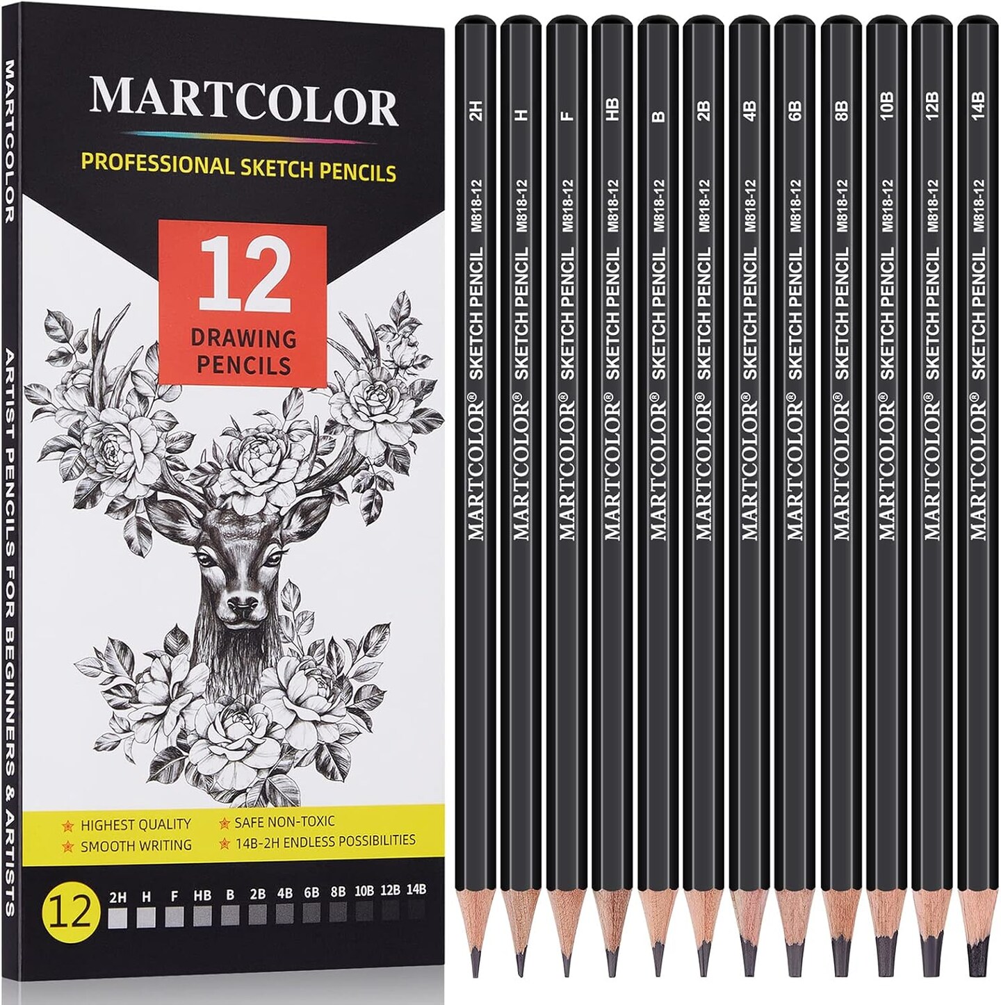 Drawing Sketching Pencils Set, 12 Pack Graphite Pencils(14B - 2H ...
