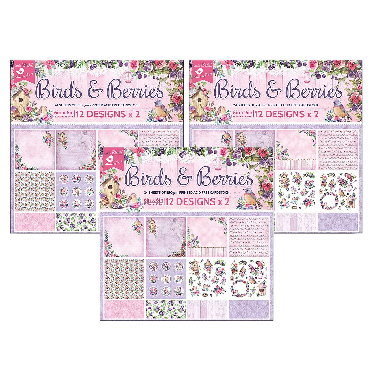 Pack of 3 - Little Birdie Cardstock Pack 6"X6" 12/Pkg-Birds And Berries ...
