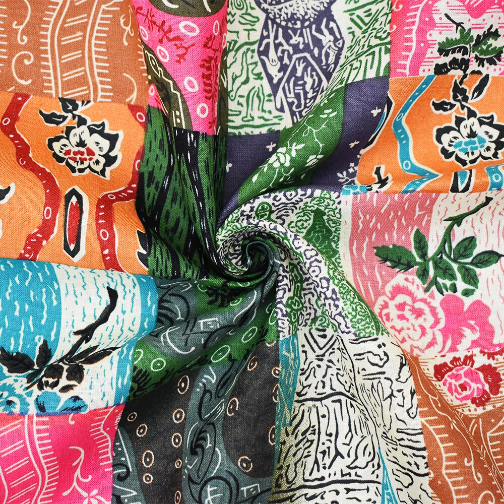 Green-Brown-Multi Abstract Patch Patterns Printed Linen Woven Fabric By ...