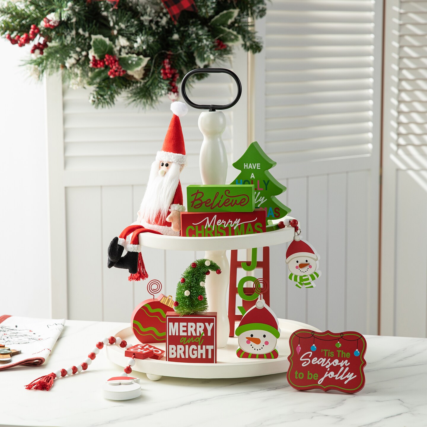 Set of 11 Christmas Wooden Word Signs and Fabric Santa Tiered Tray Set ...
