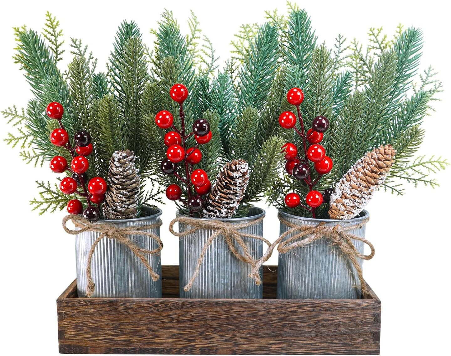 Rustic Wood Tray 3 Galvanized Pots with Artificial Pine Cedar Red Berry ...