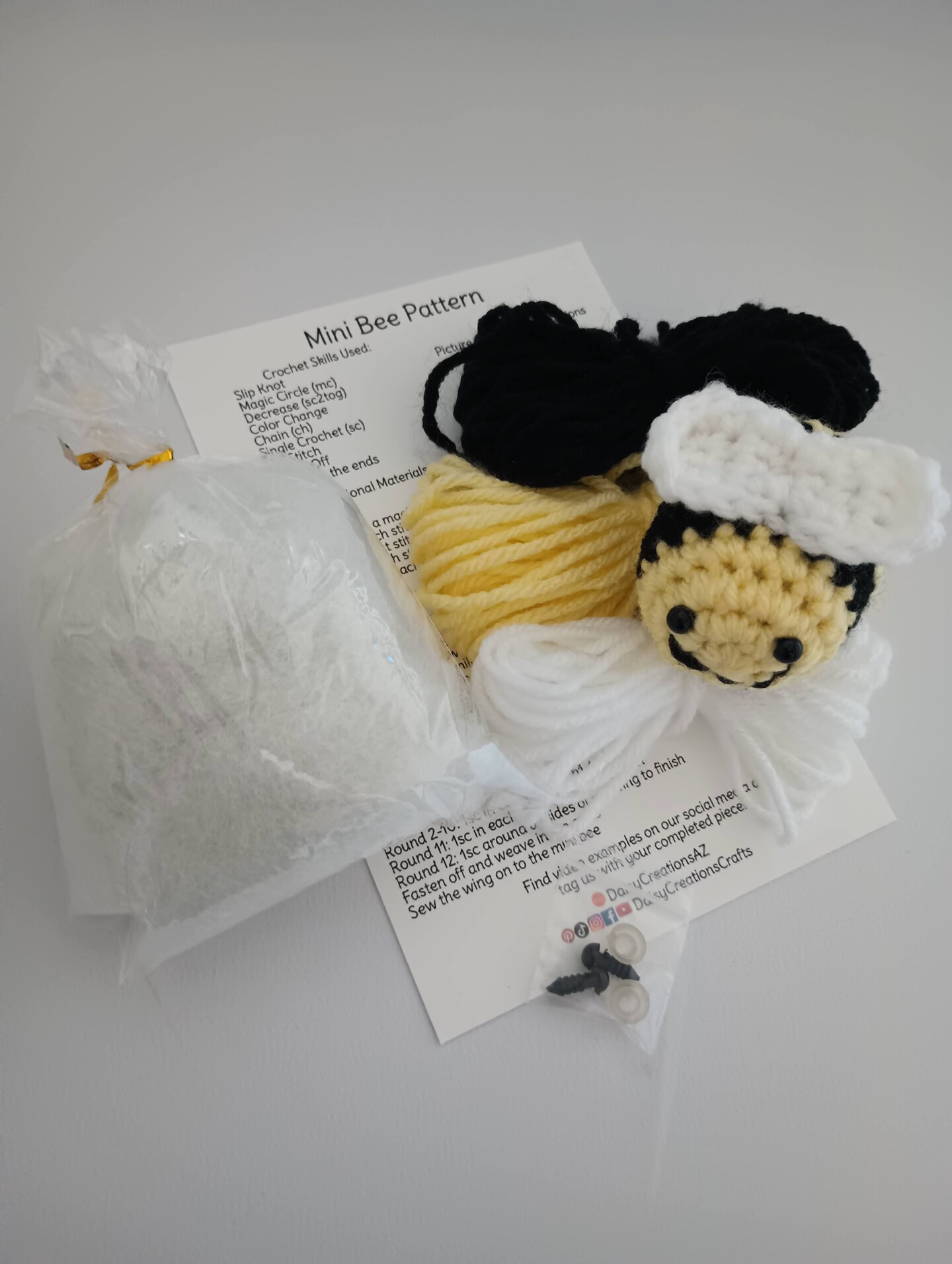 DIY Mini Bee Crochet Kit with Completed Bee, Yarn, Safety Eyes ...