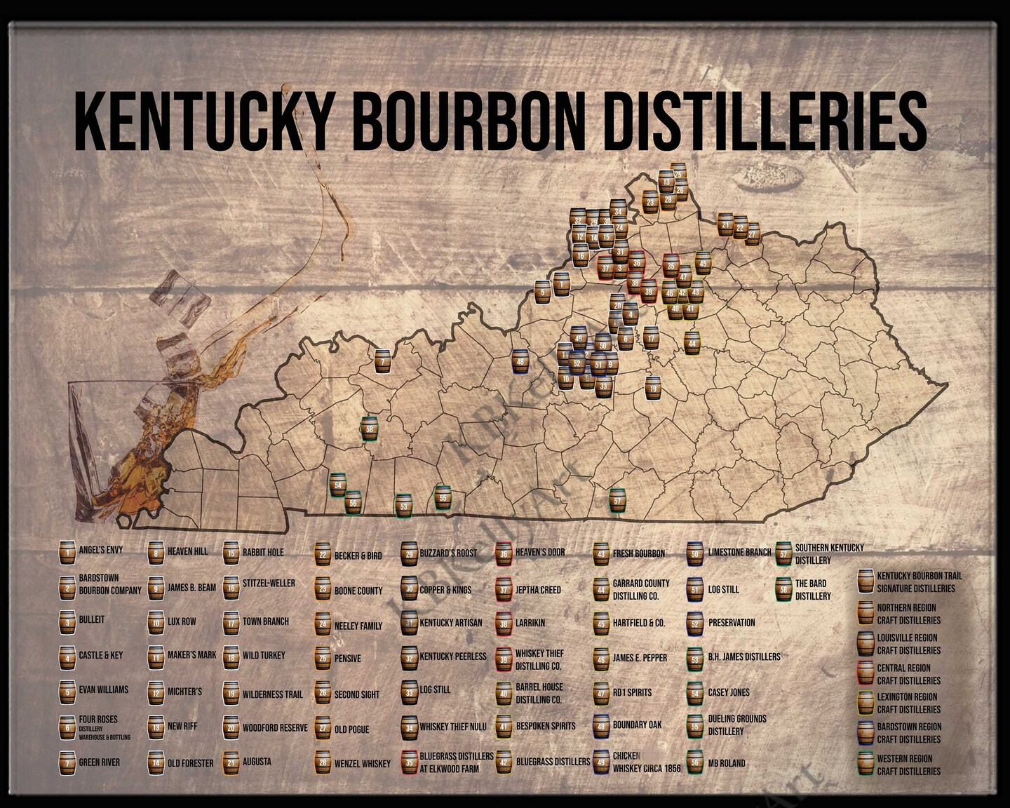 Kentucky Bourbon Distilleries Map Push Pin Map Bourbon Trail Wall Art ...