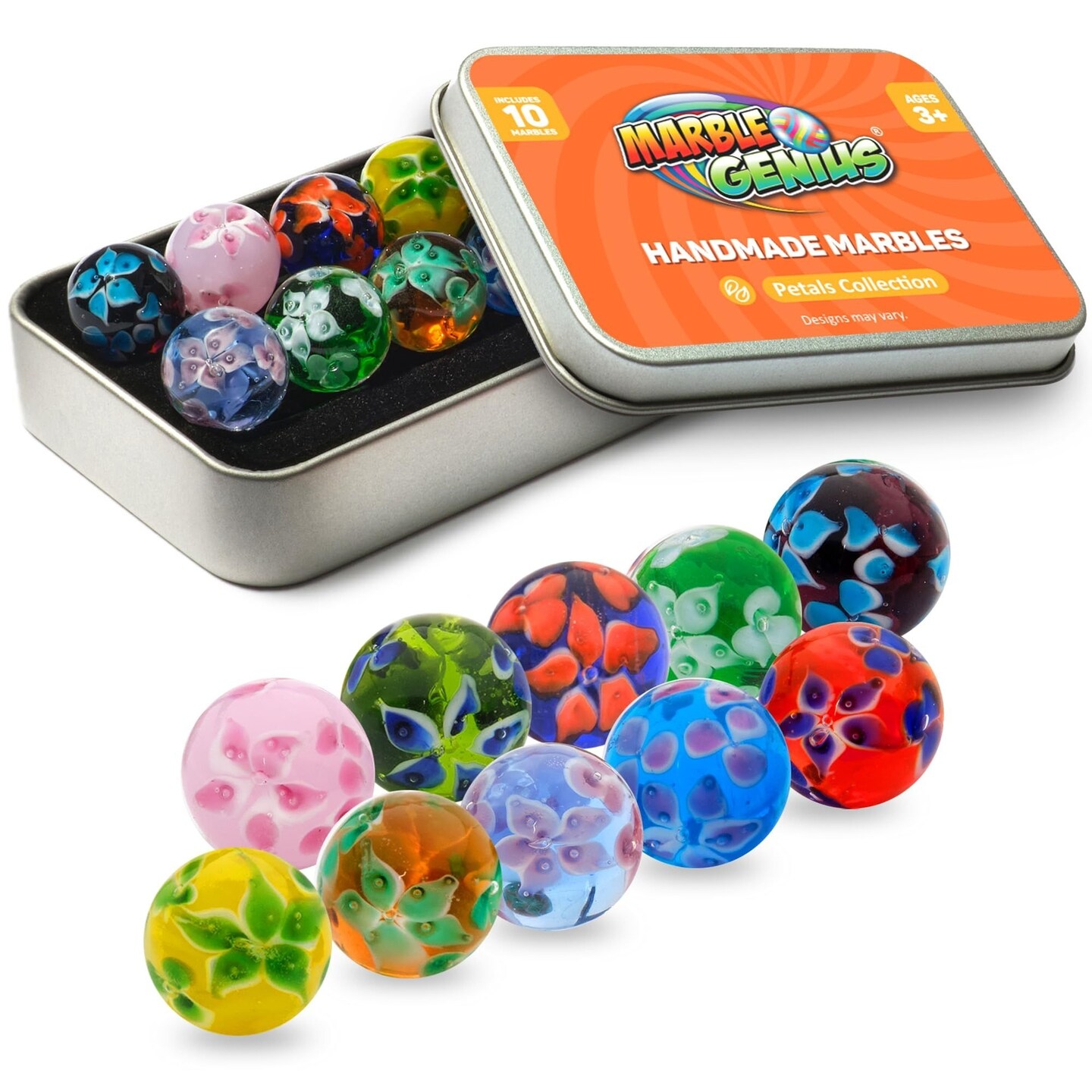 Marble Genius Collectors Marbles, Petals Design, 16mm (⅝ Inch), 10 ...