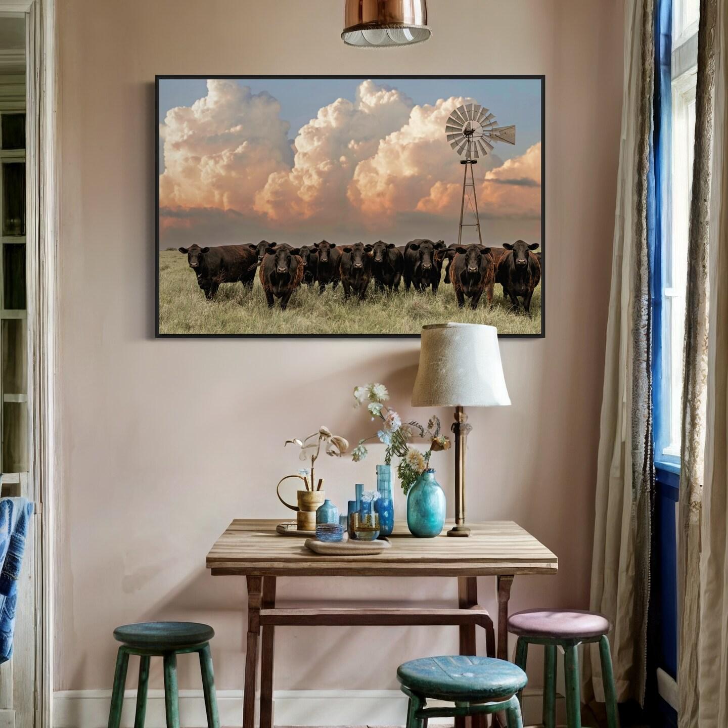 Old Windmill and Black Angus Cattle - Cow Canvas Photo Wall Art ...