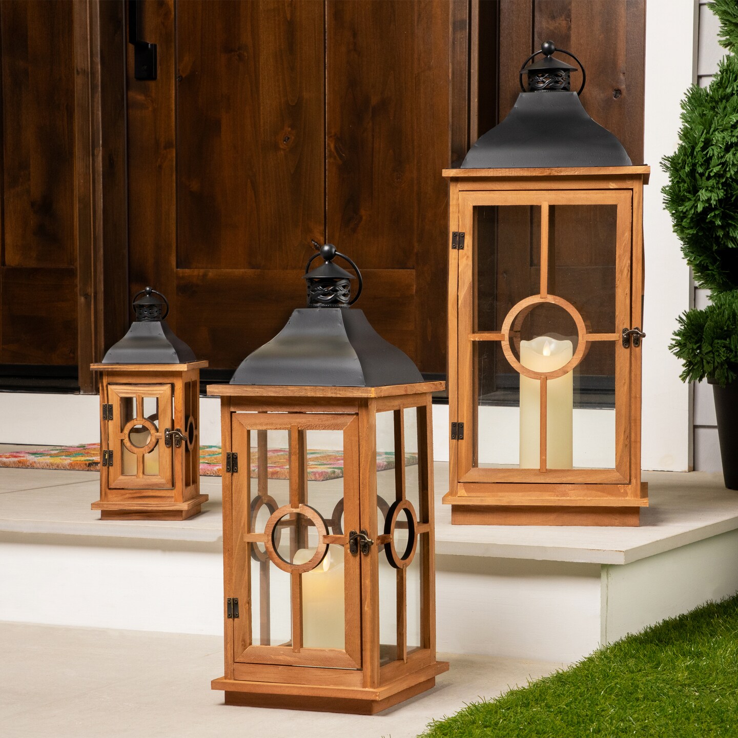 Northlight Natural Wood Candle Lanterns with Black Metal Tops - 26.5 ...