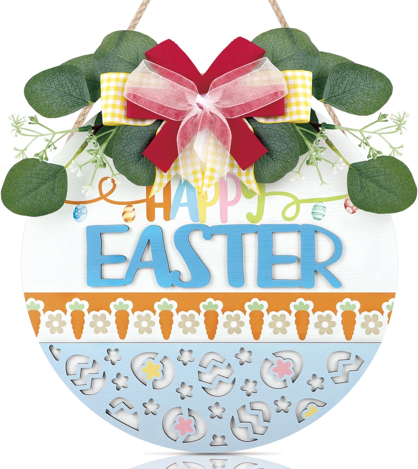 Happy Easter Front Door Sign Wreath (11.4"x11.4"), Rustic 3D Easter Egg ...