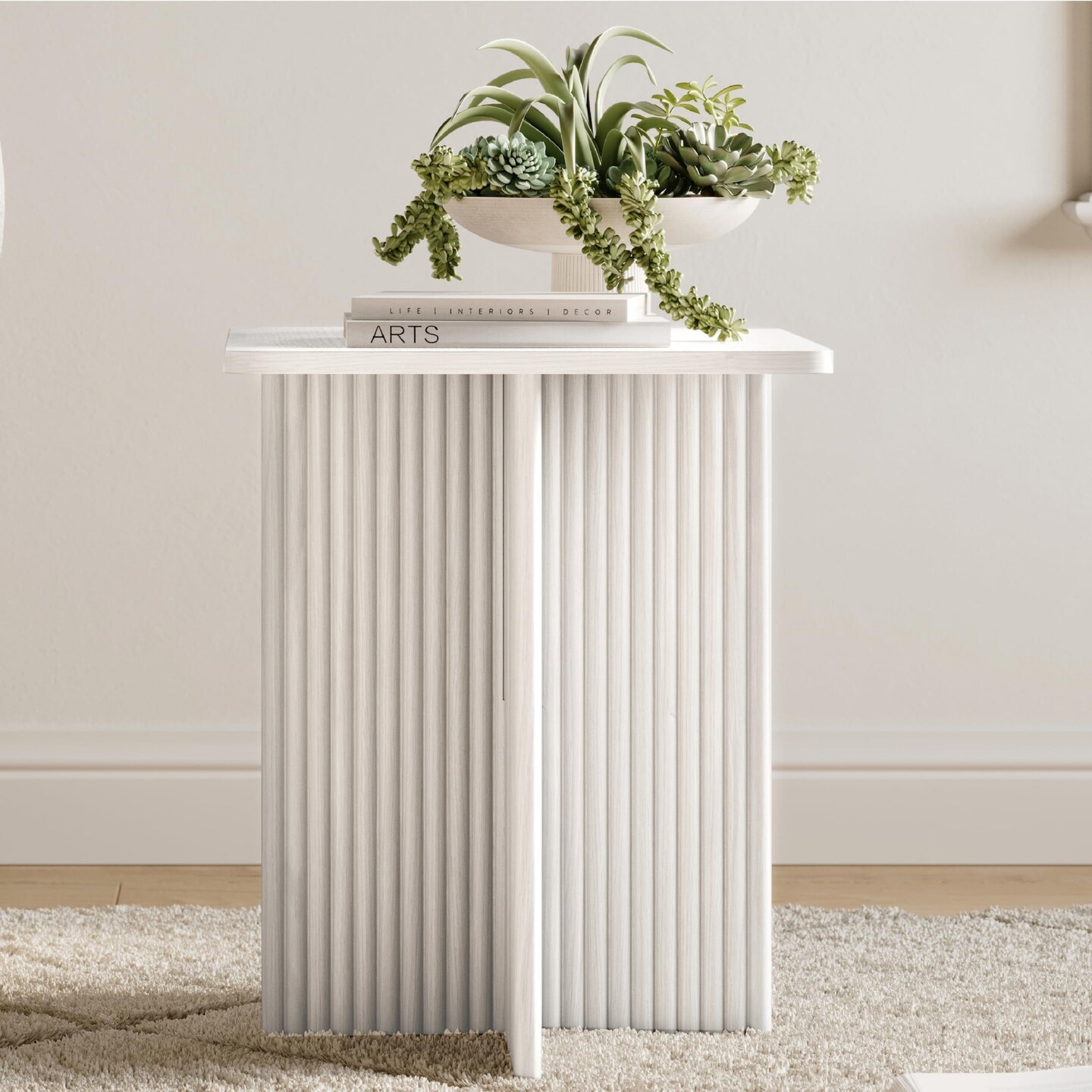 Square Fluted Accent Side Table - Pedestal Drink Desk - Modern Home ...