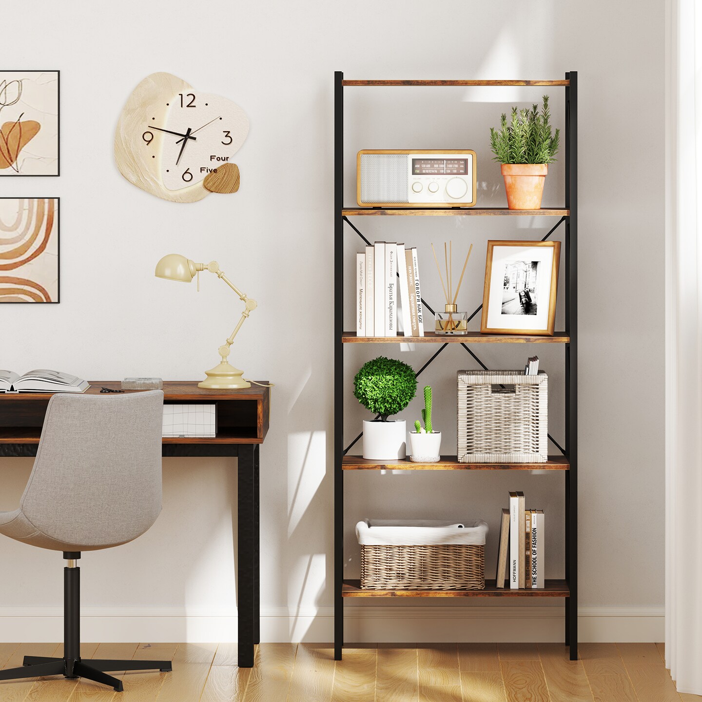 Industrial-Style 5-Tier Bookshelf with Metal Frame for Books and ...