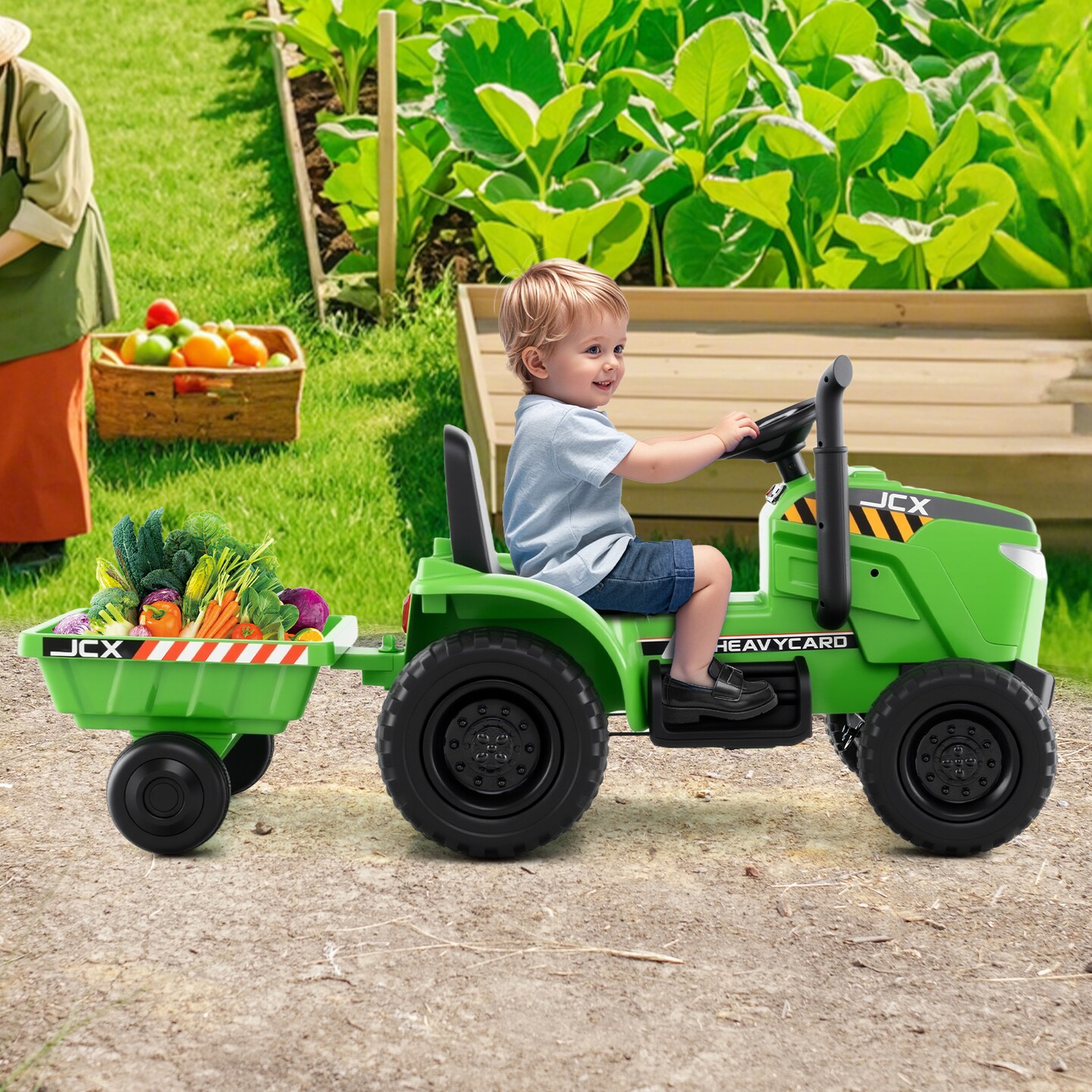 12V Ride On Tractor for Kids with Trailer 3-Speed Remote Control and ...