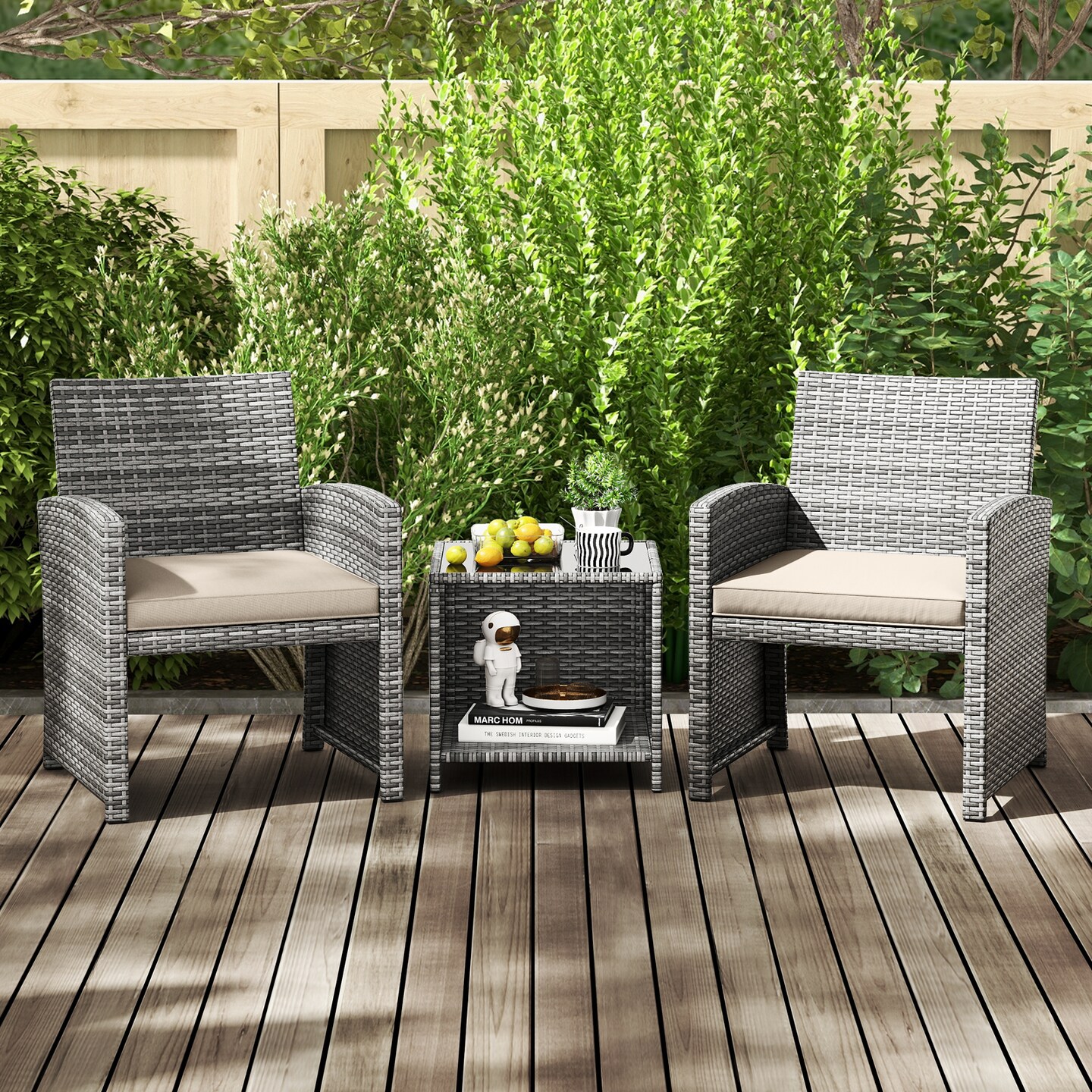 3-Piece Outdoor Patio Set with Soft Cushions, Glass Table and Metal ...