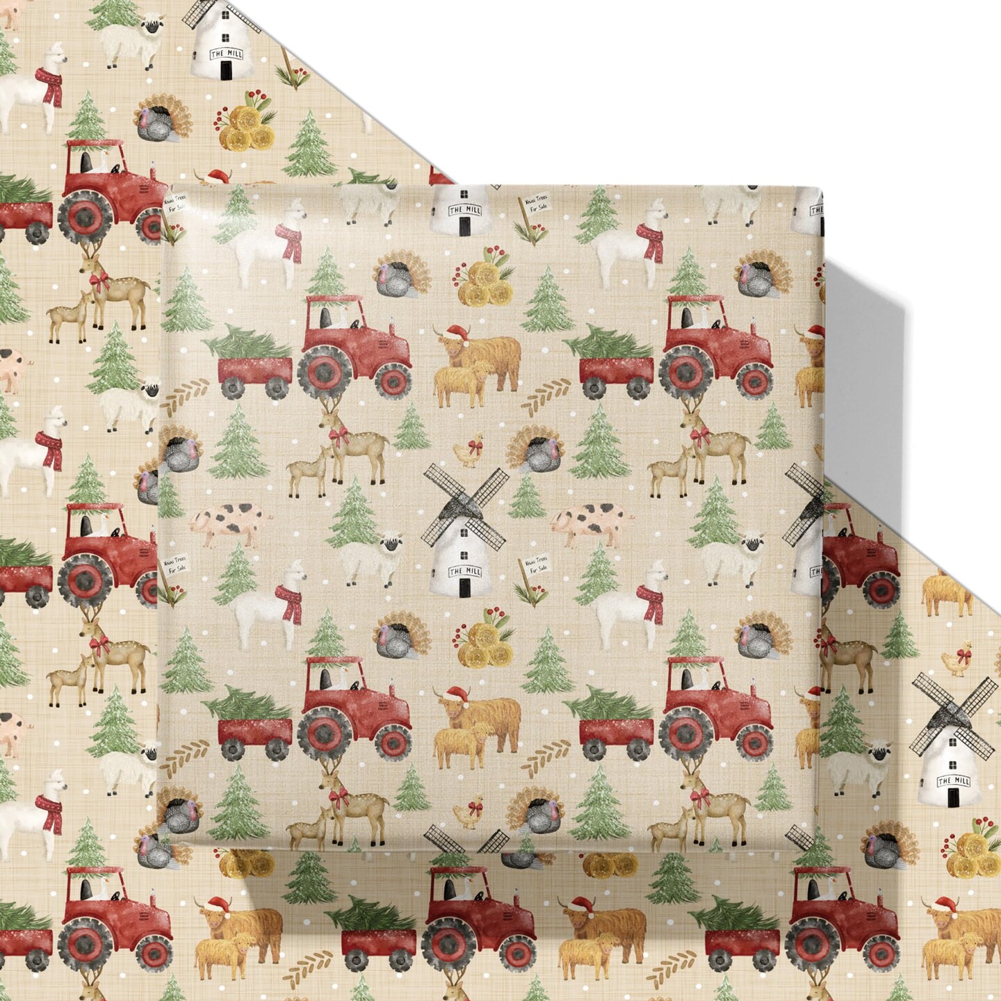 Farm Christmas Wrapping Paper - Rustic Xmas Gift Wrap with Red Tractors ...