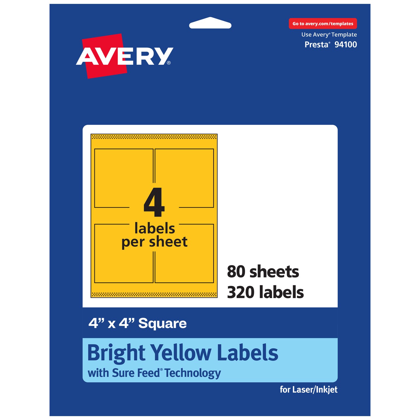 Avery Bright Yellow Paper Labels, 4" x 4" Square, Color: Bright Yellow ...