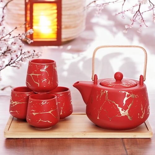 Ceramic Red Marble Tea Set With Strainer And Bamboo Tray Japanese Tea ...