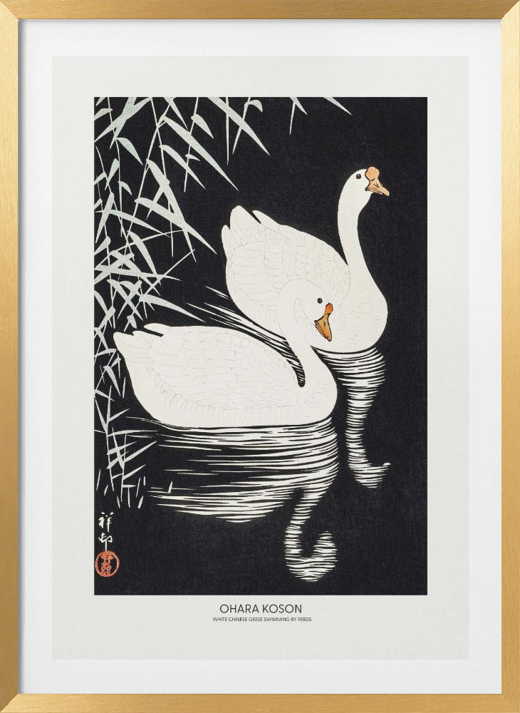 White Chinese Geese Swimming by Reeds Framed Art Wall Decor | Michaels