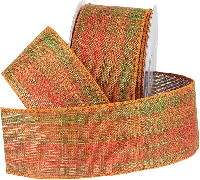 Fall Checkered Plaid Print Ribbon Wired, Orange/Green, 2.5" (#40) for ...