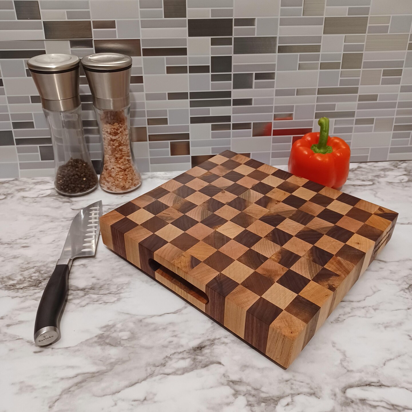 Handmade End Grain Checkerboard Butcher Block Cutting Board with Side ...