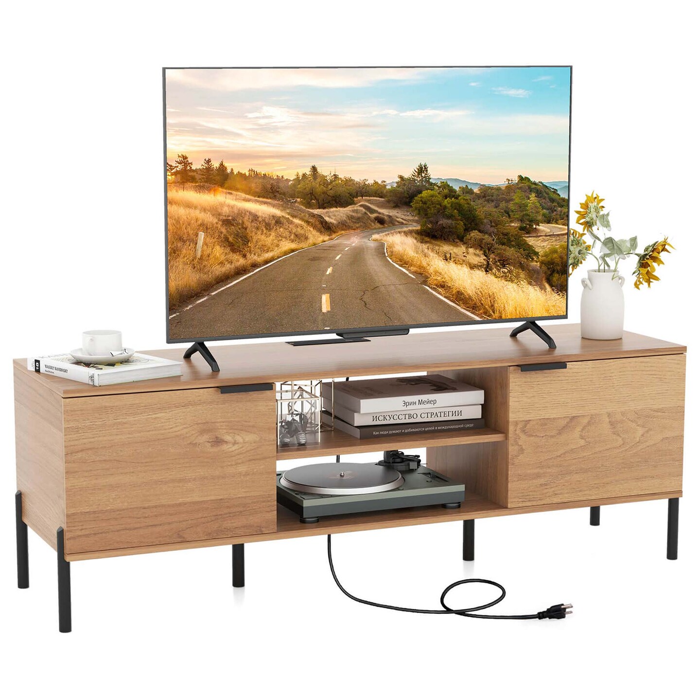 Costway 2-Door TV Stand with Charging Station Media Entertainment ...