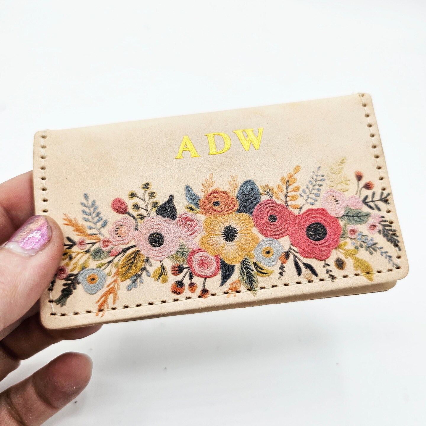 Monogrammed Veg-Tanned Beige Floral Border Leather Card Case, Silver or ...