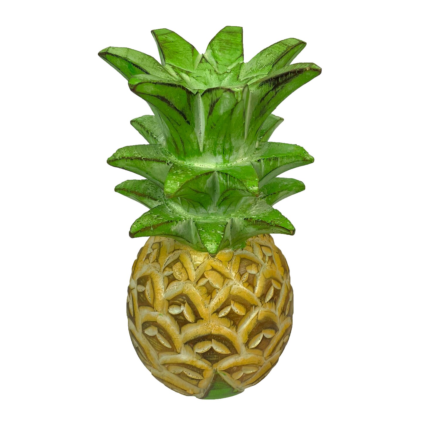 Hand-Painted Wooden Pineapple Sculpture – 9.75" High, Green, Beige, Brown Finish – Rustic ...
