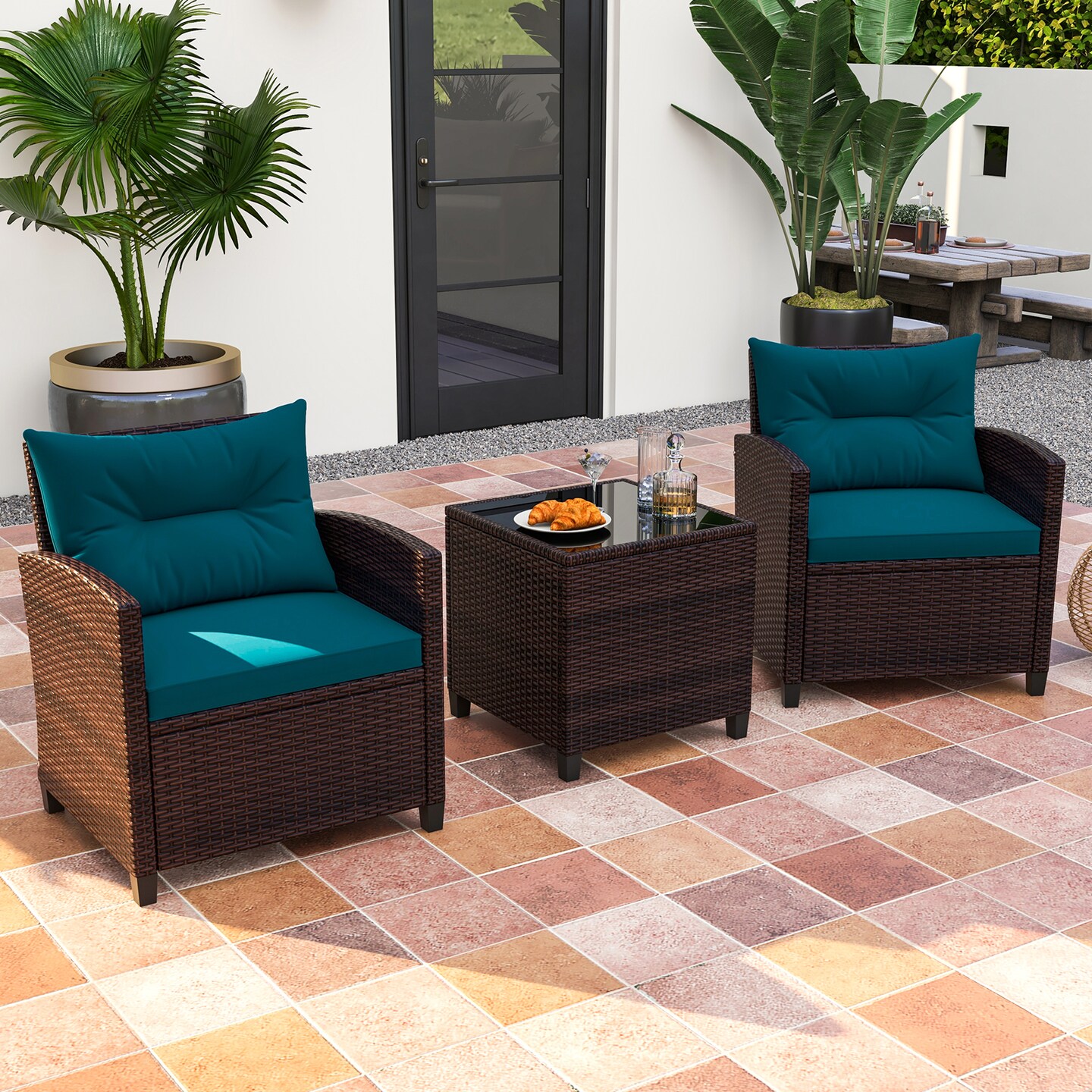 Outdoor 3 Piece Wicker Patio Set with Cushions and Glass Top Table ...