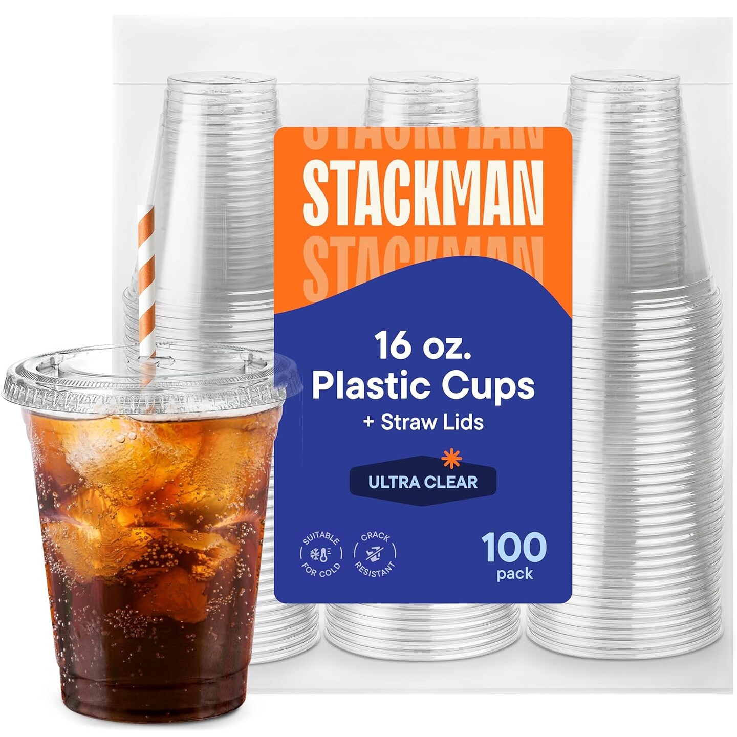 16 oz Clear Plastic Cups with Straw-Slot Lids [100 Sets] PET Crystal ...