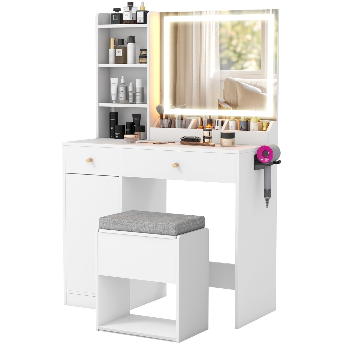 Vanity Set with 3-Color Adjustable Lights, Storage, Charging Ports and ...