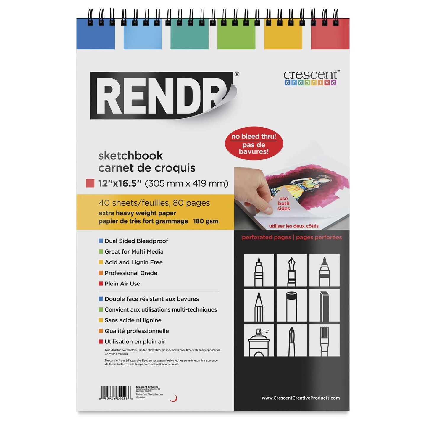Crescent Rendr Wirebound Sketchbook - 12" x 16-1/2", 110 lb, 40 Sheets ...