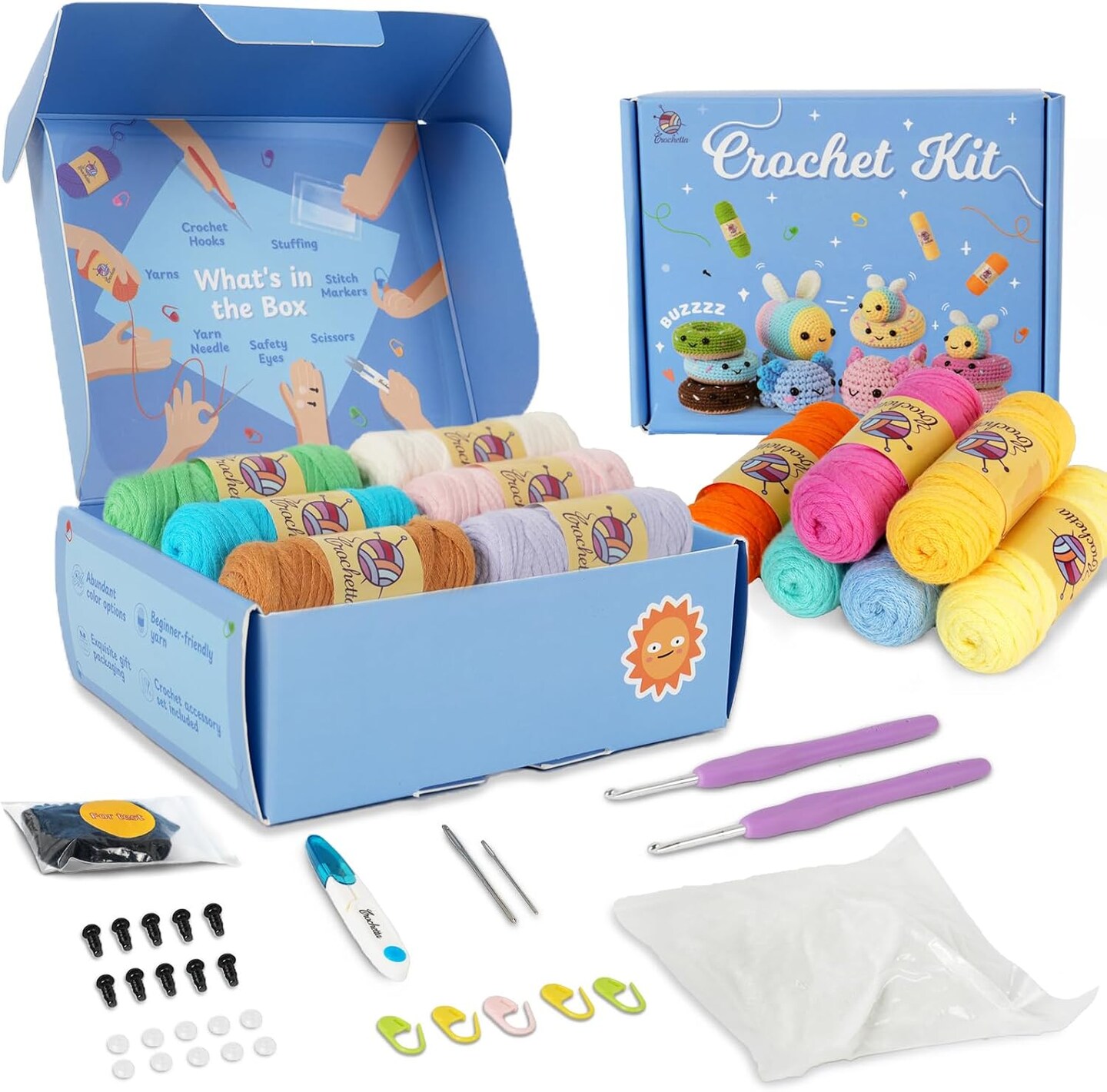 Beginner Crochet Kit – 12-Color Yarn Set with Hooks, Scissors & Stitch ...
