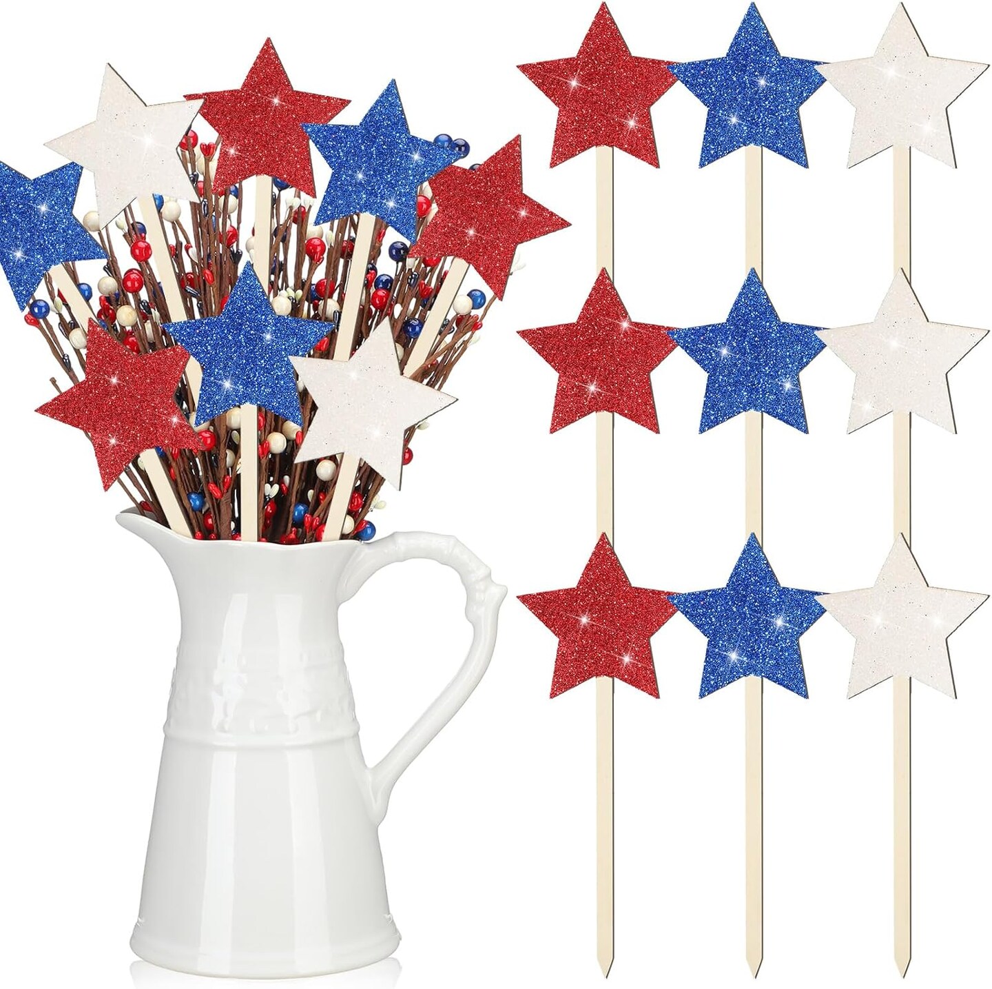 24 Pcs Patriotic Glitter Wooden Star Picks Memorial Day Decorations 4th ...