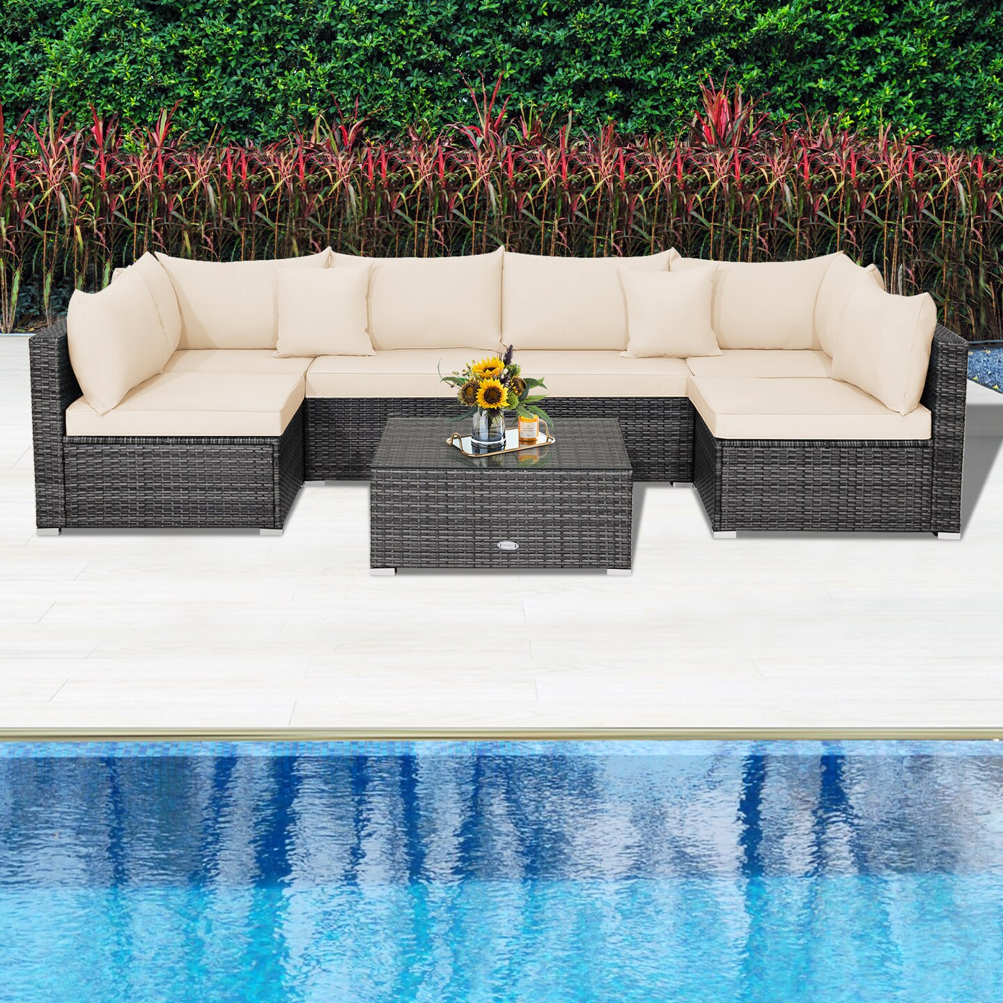 Patio Furniture Set 7 Piece PE Rattan Sectional with Cushions and Table ...