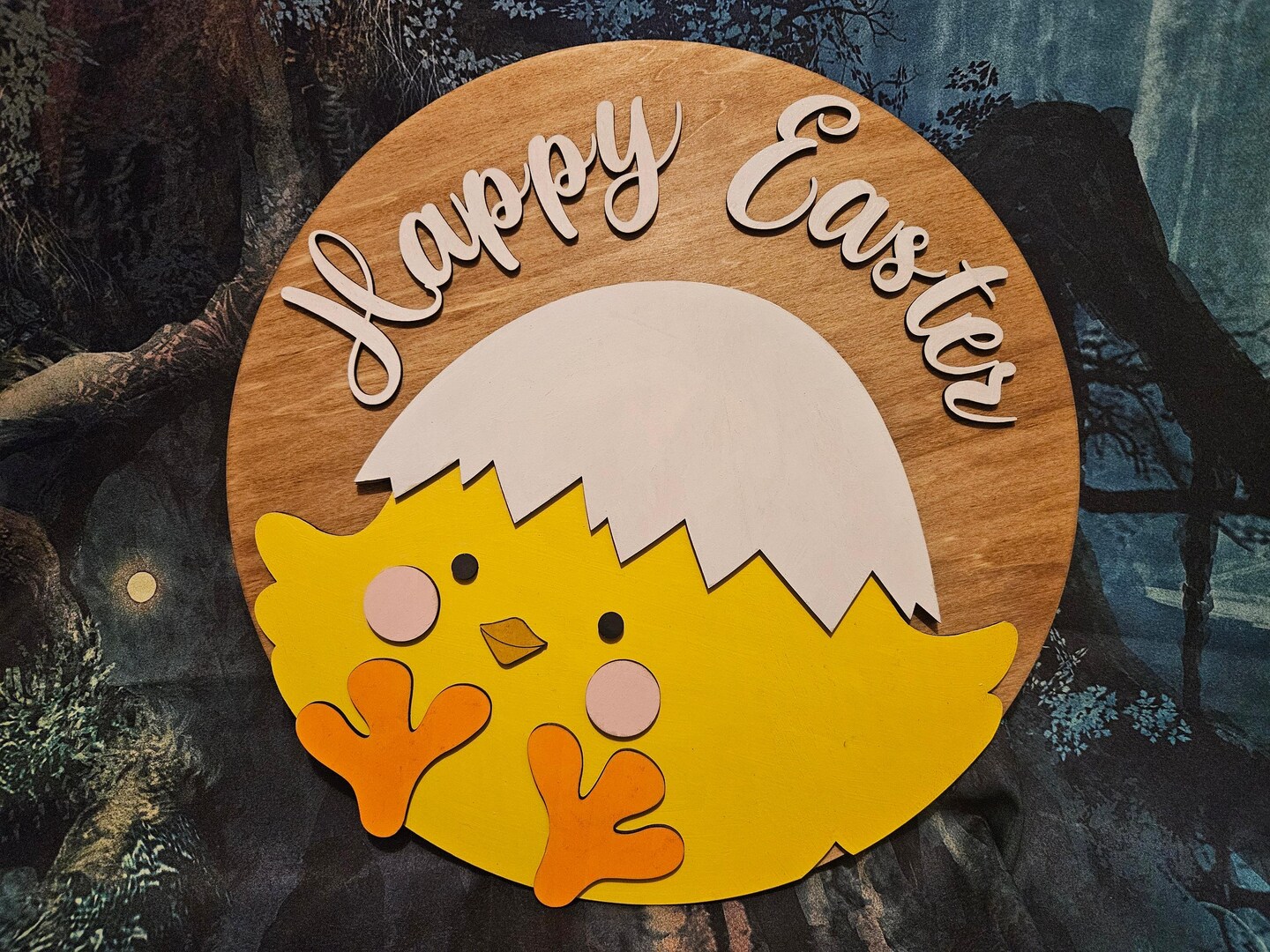 Happy Easter wood door hanger sign with a chick hatching out of an egg ...
