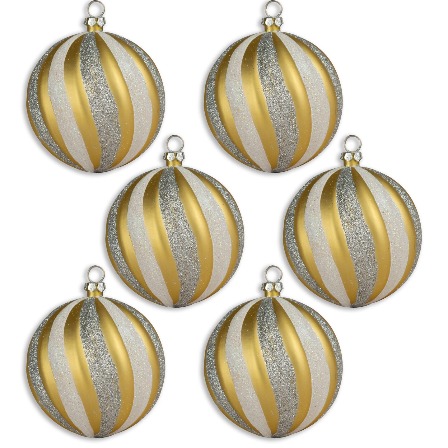 6 Pack of Silver, White, and Gold Striped Ball Ornaments with Glitter ...