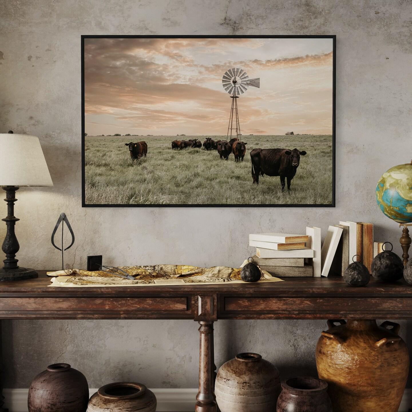 Old Windmill And Black Angus Cattle - Cow Canvas Photo Print - Western ...