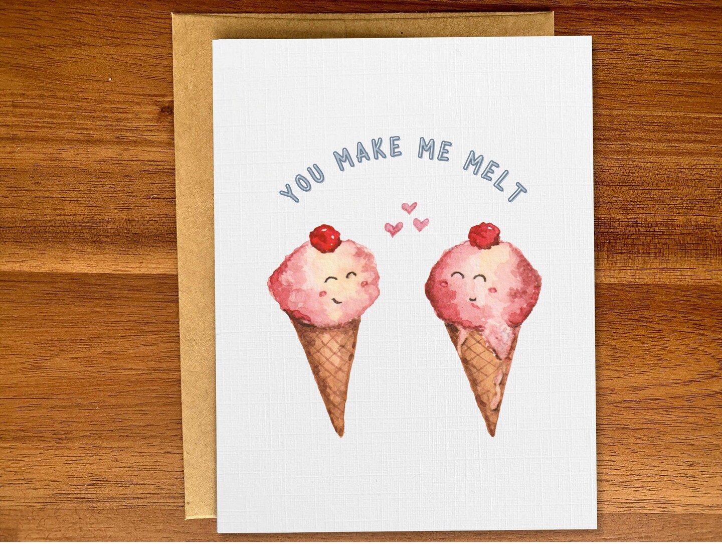 Ice cream cones greeting card, Custom handmade watercolor card, Melting ...