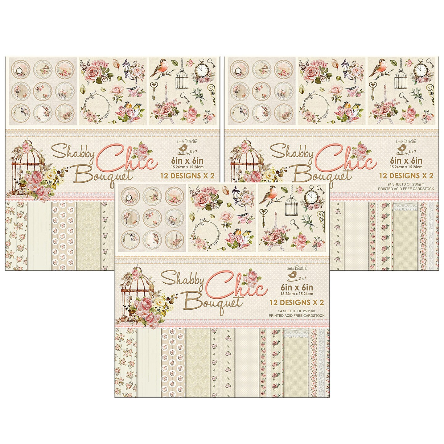 Pack of 3 - Little Birdie Cardstock Pack 6"X6" 12/Pkg-Shabby Chic ...