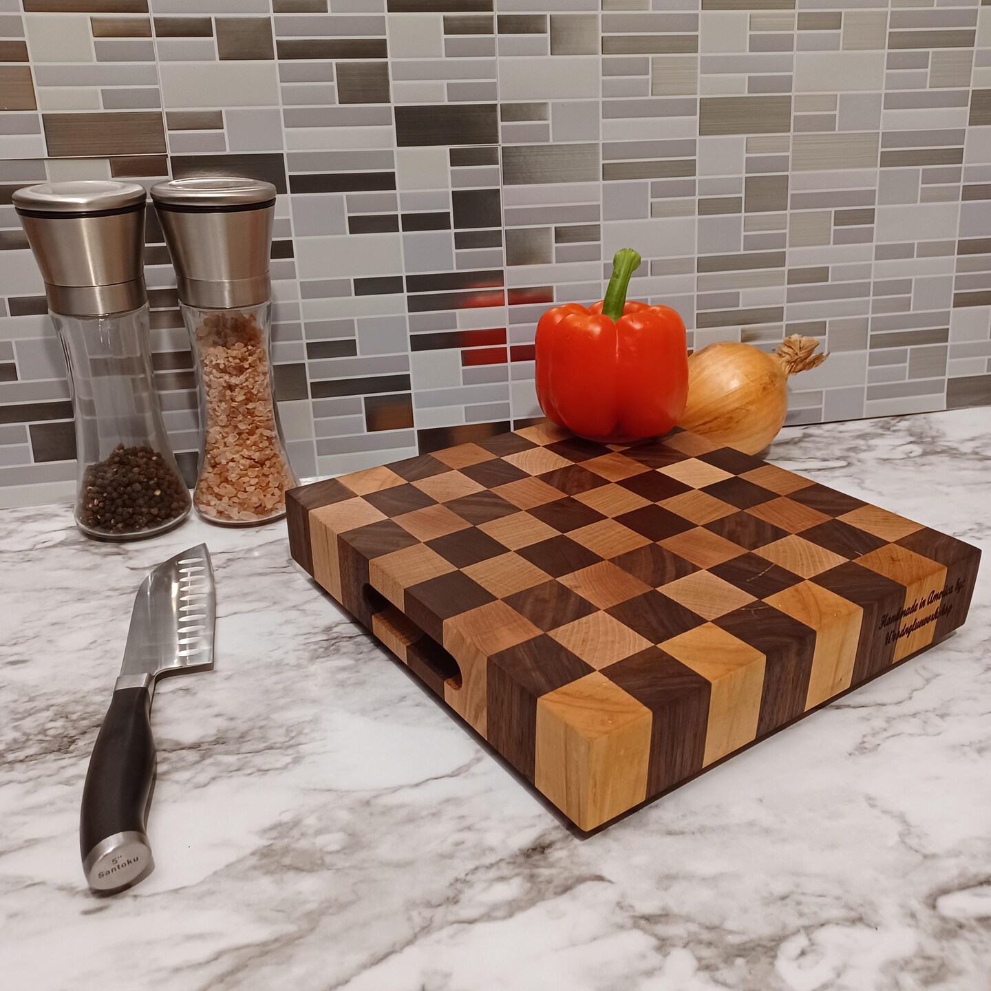 Handmade End Grain Checkerboard Butcher Block Cutting Board with Side ...