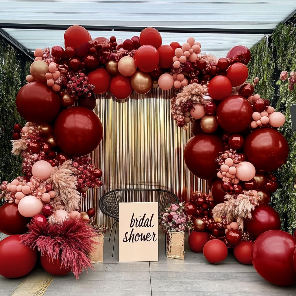 Red Pink Balloons - Double Stuffed Burgundy Gold Balloon Garland Dark ...