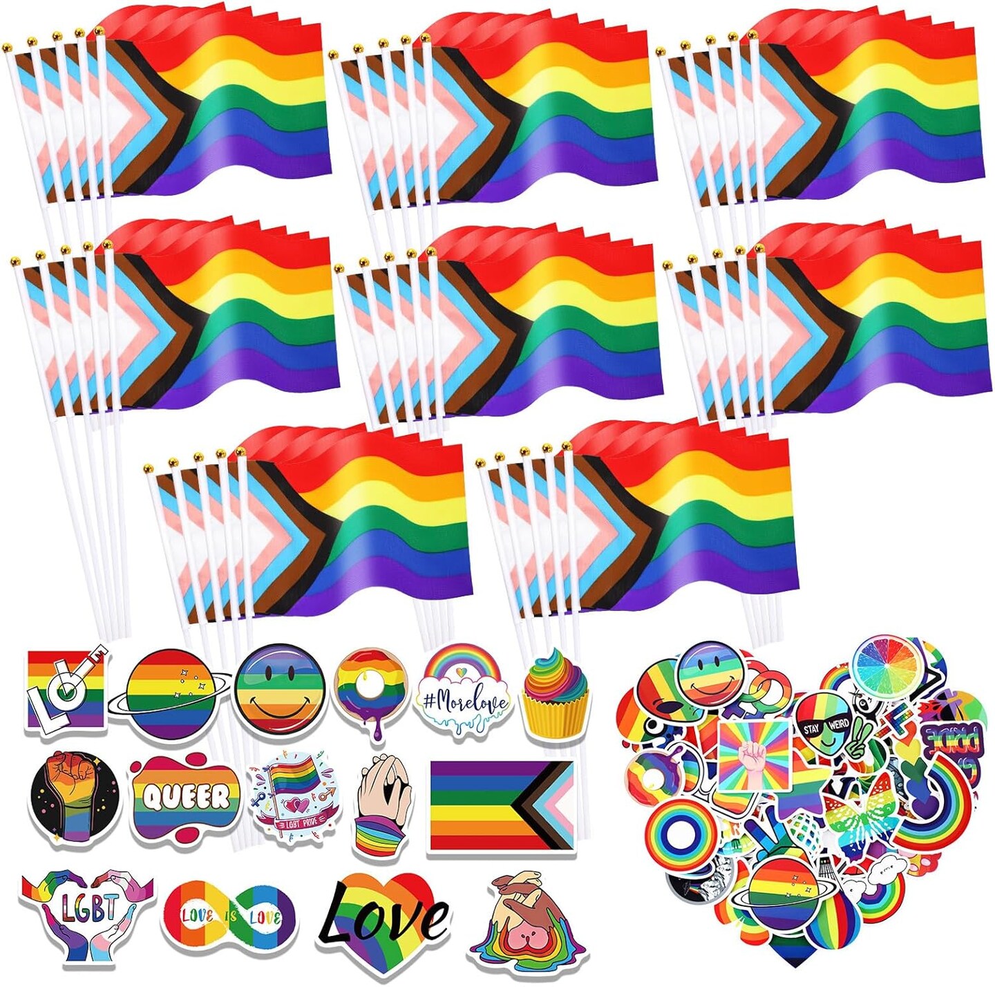 40 Pack Progress Rainbow Pride Flag Set - Small Handheld Gay Flag for ...