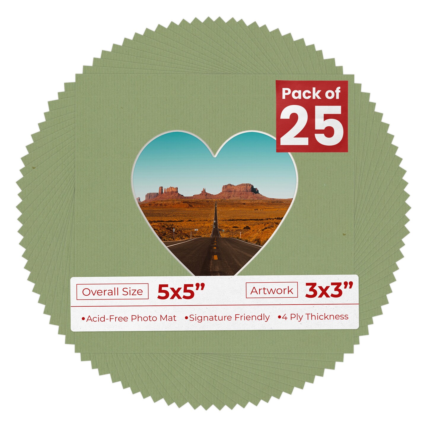 Palm Leaf Green Mat Board for 5x5 Inch Frames - Heart Opening for 3x3 ...